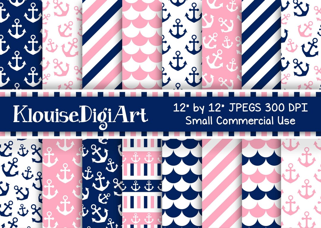 Pink and Navy Blue Nautical Digital Papers With Anchors, Stripes and ...