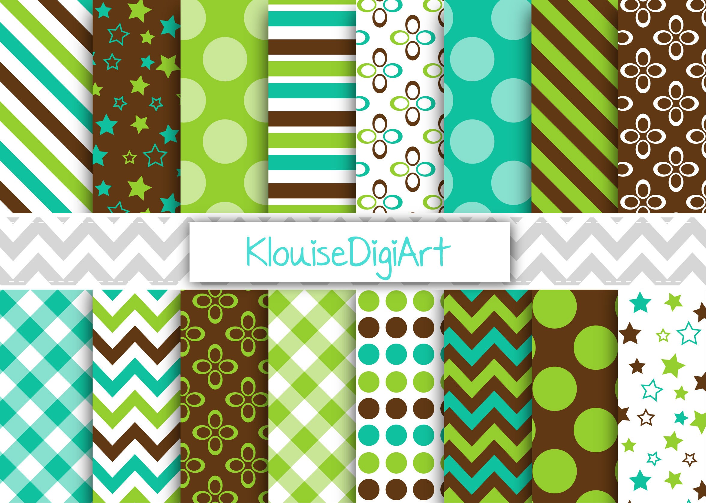 Earth Tones Green and Brown Digital Printable Papers in Stars, Polka ...