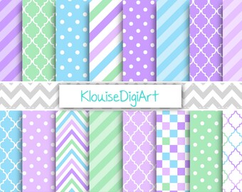 Pink, Purple, Yellow and Blue Digital Papers With Polka Dots, Stripes ...