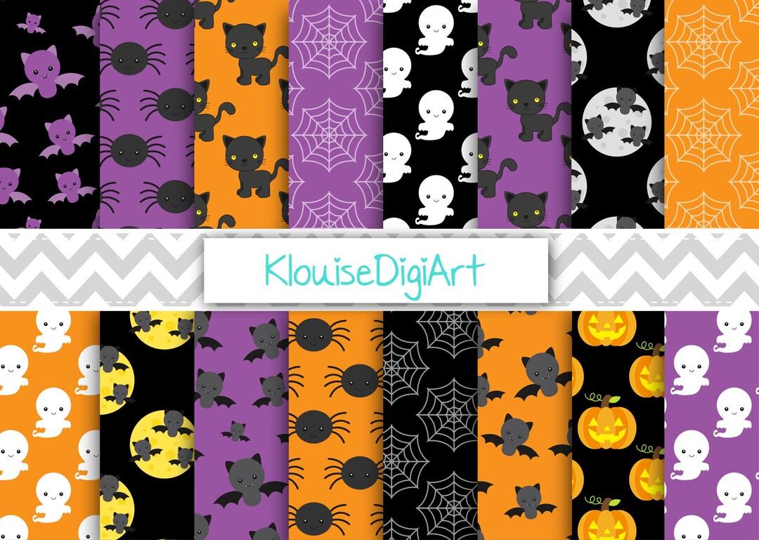 Halloween Digital Papers With Ghost, Bats, Spider, Pumpkins in Purple ...