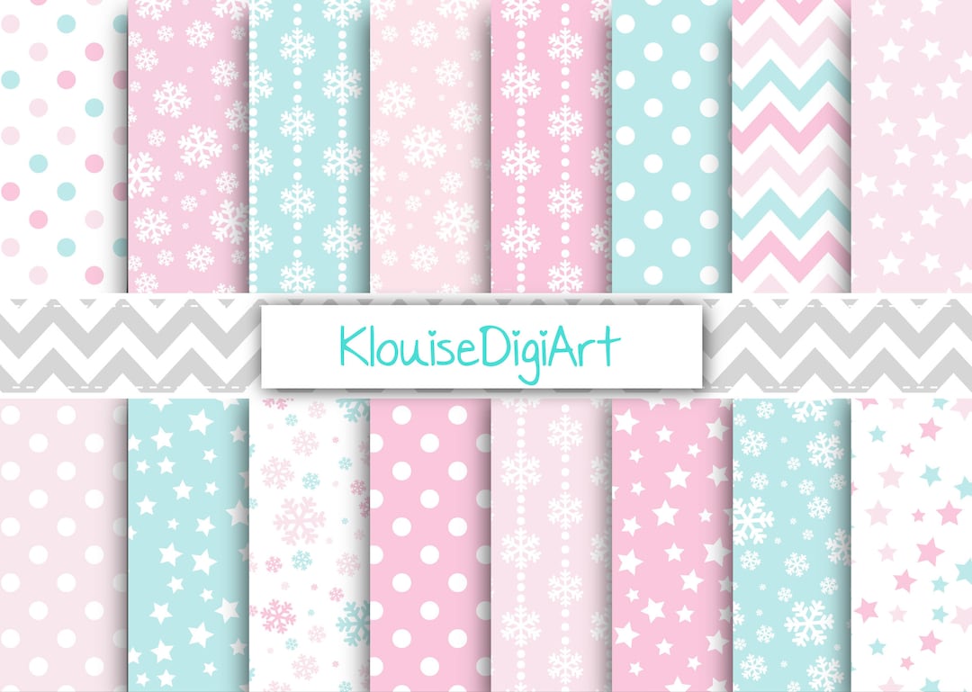 Pastel Blue and Pink Christmas Winter Digital Printable Papers With ...