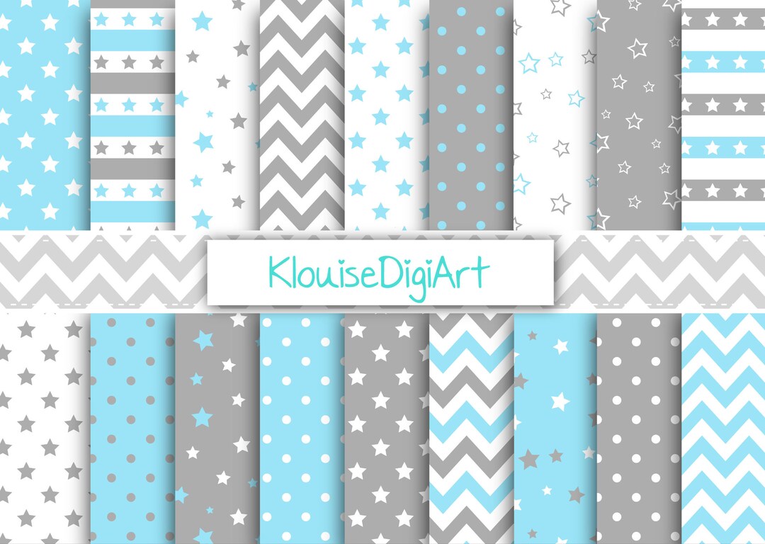 Blue and Gray Digital Papers With Stars, Polka Dots, Stripes, Chevrons ...