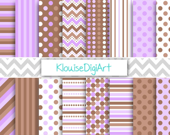 Pink, Purple, Yellow and Blue Digital Papers With Polka Dots, Stripes ...