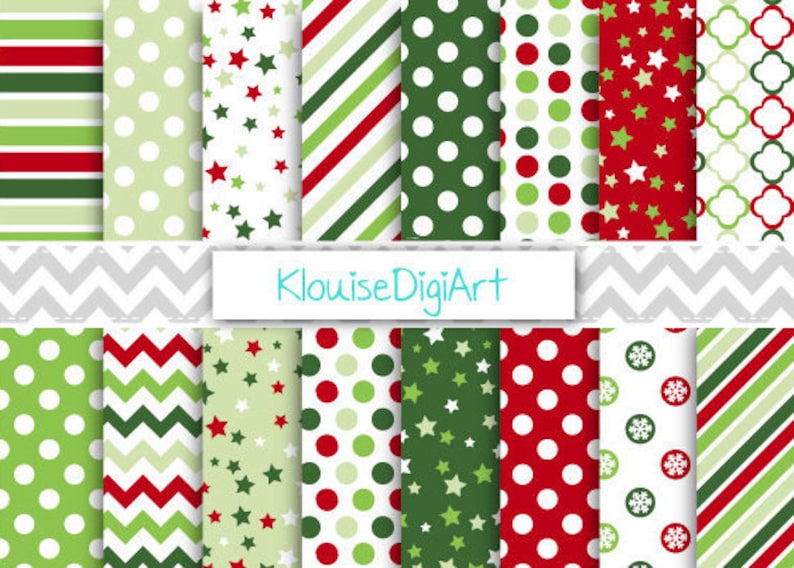 Red and Green Christmas Digital Printable Papers With Stars, Stripes ...