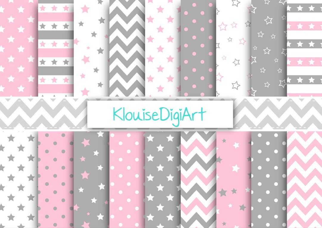 Pink and Gray Digital Papers With Stars, Polka Dots, Stripes, Chevrons ...