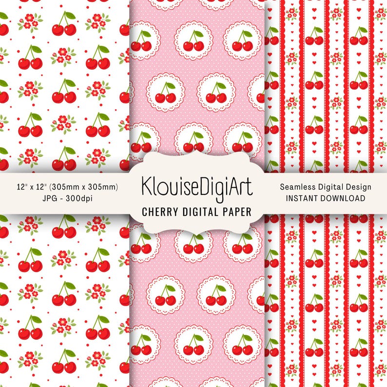 Cherry Digital Paper Pack, Pink Red Coquette Scrapbook Patterns ...