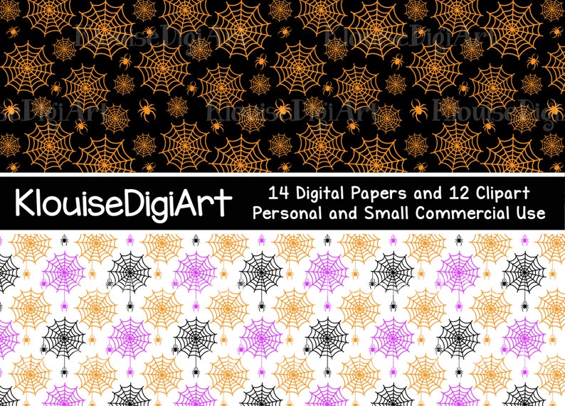 Halloween Spiders and Webs Digital Papers and Clipart in Purple, Orange ...