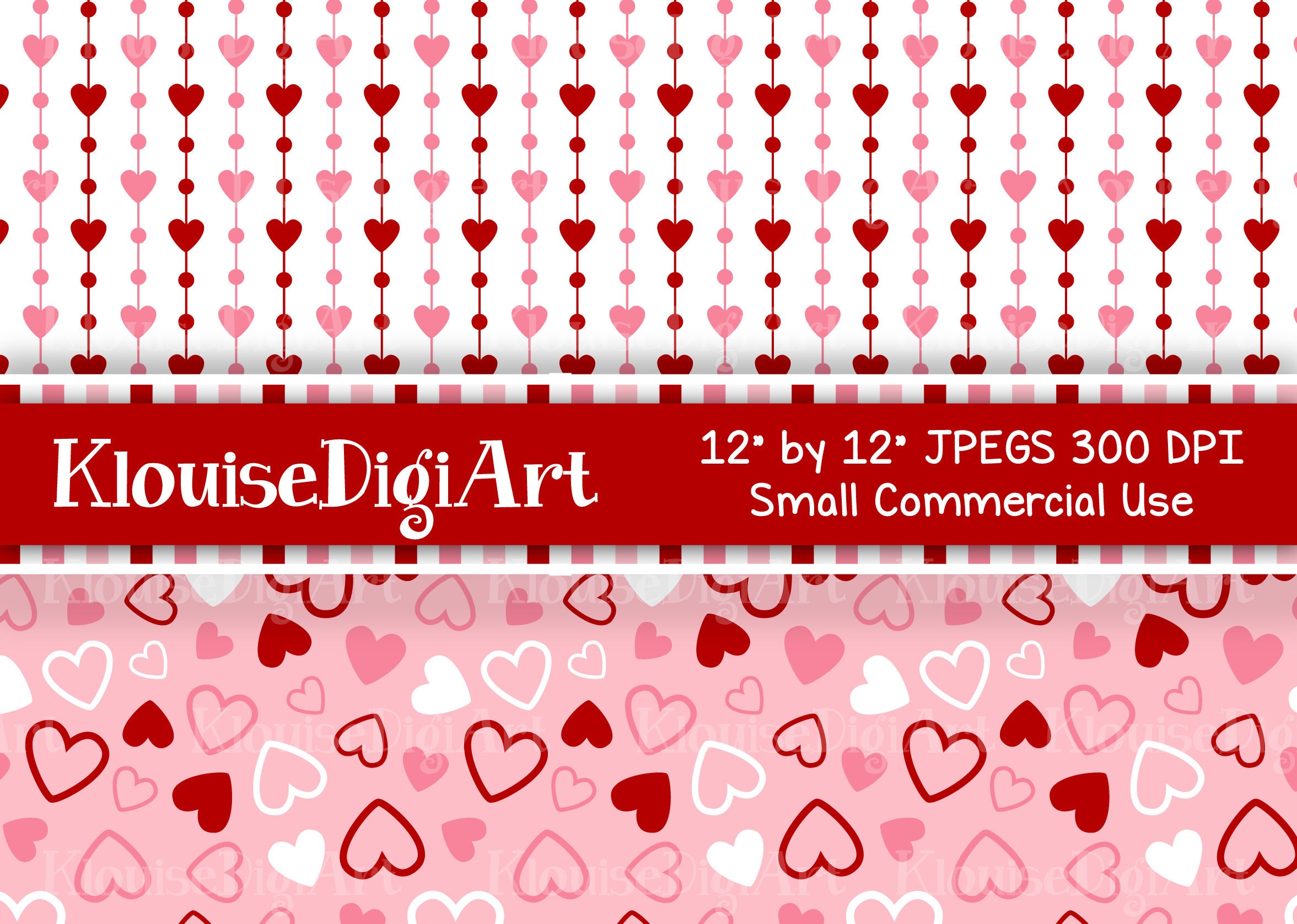 Valentine Hearts Digital Printable Papers and Clipart in Pink, Red and ...