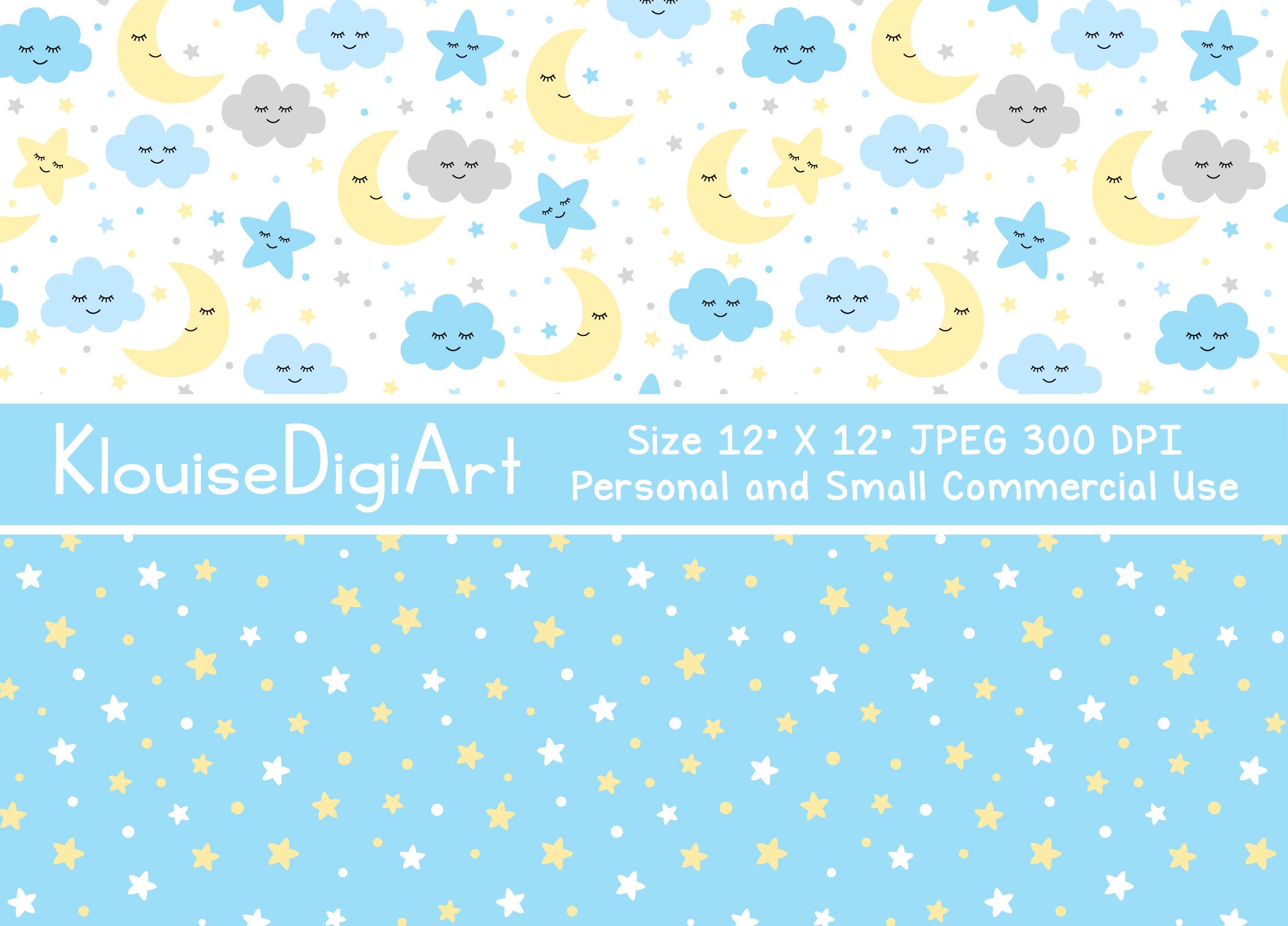 Moon Stars and Clouds Digital Printable Papers in Blue - Etsy