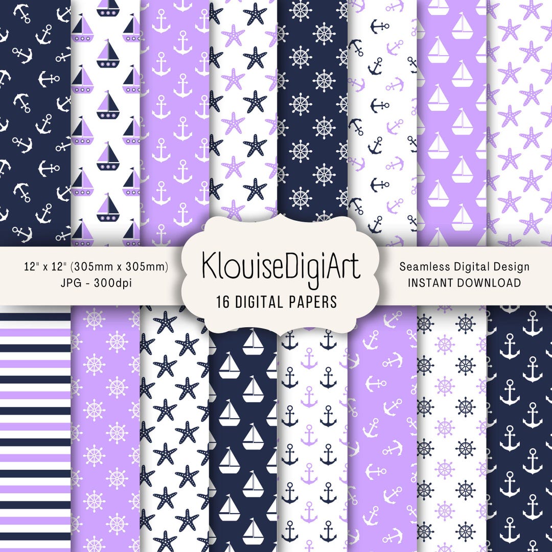 Seamless Purple and Navy Blue Nautical Digital Printable Papers With ...