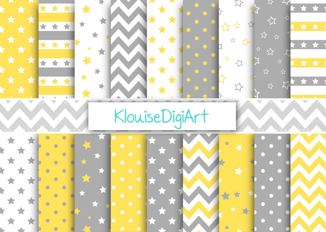 Yellow and Gray Digital Papers With Stars, Polka Dots, Stripes ...