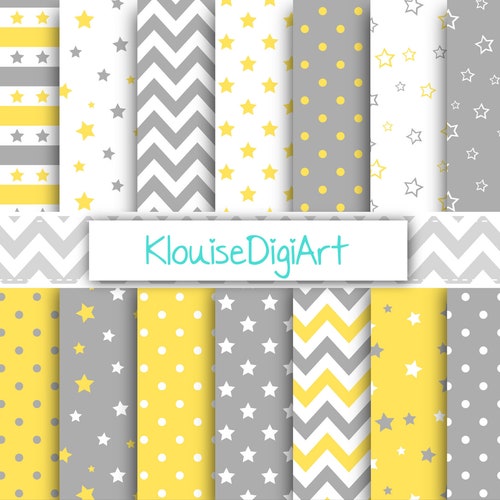 Yellow and Gray Digital Papers With Stars Polka Dots | Etsy
