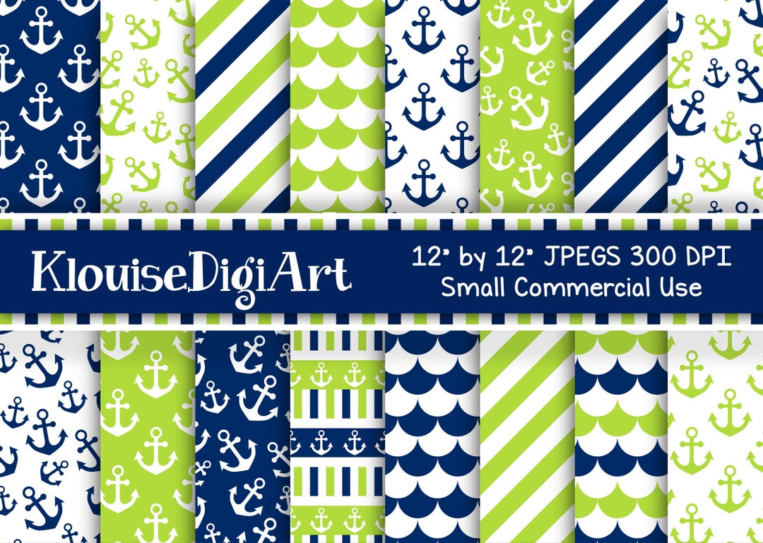 Green and Navy Blue Nautical Digital Papers With Anchors, Stripes and ...