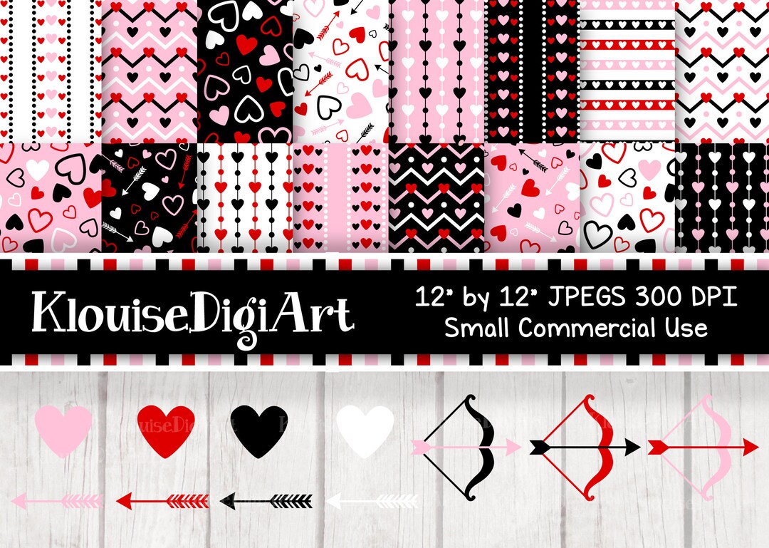 Valentine Hearts Digital Printable Papers and Clipart in Pink, Red and ...