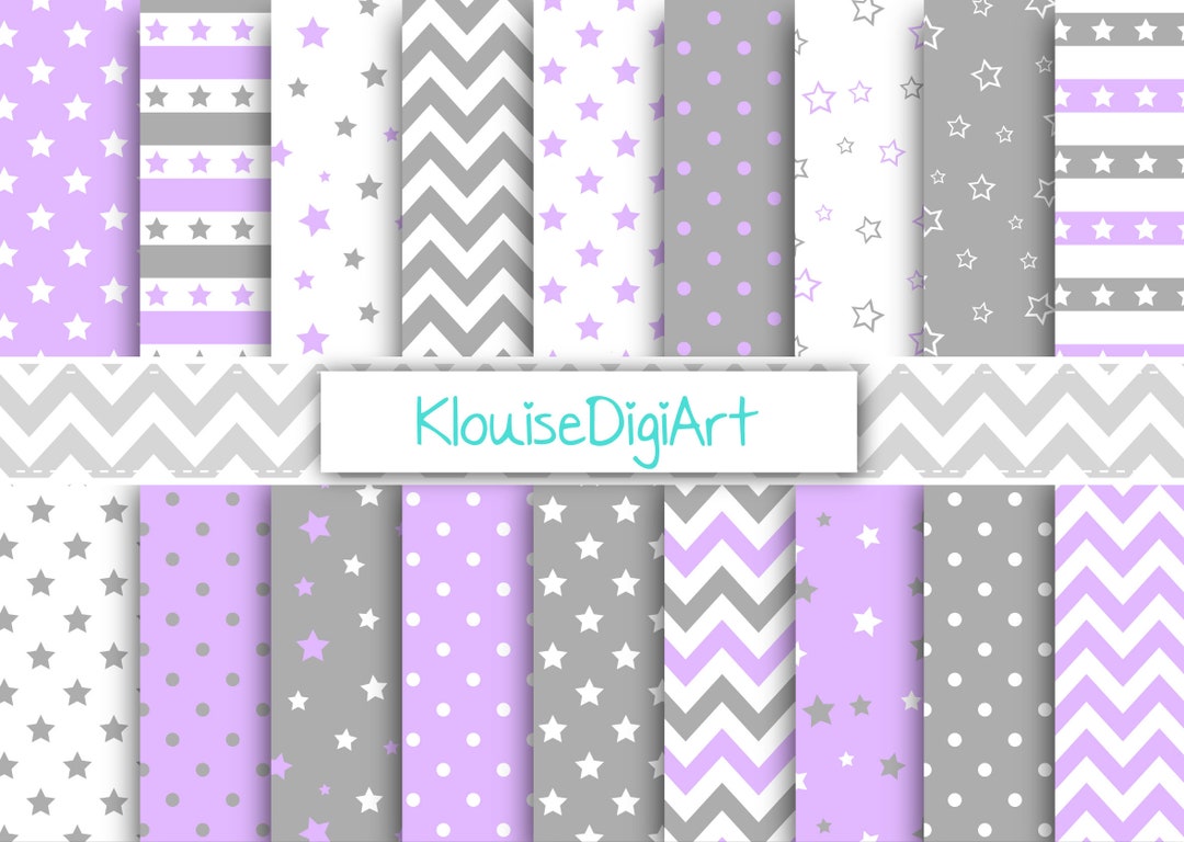 Purple and Gray Digital Papers With Stars, Polka Dots, Stripes ...