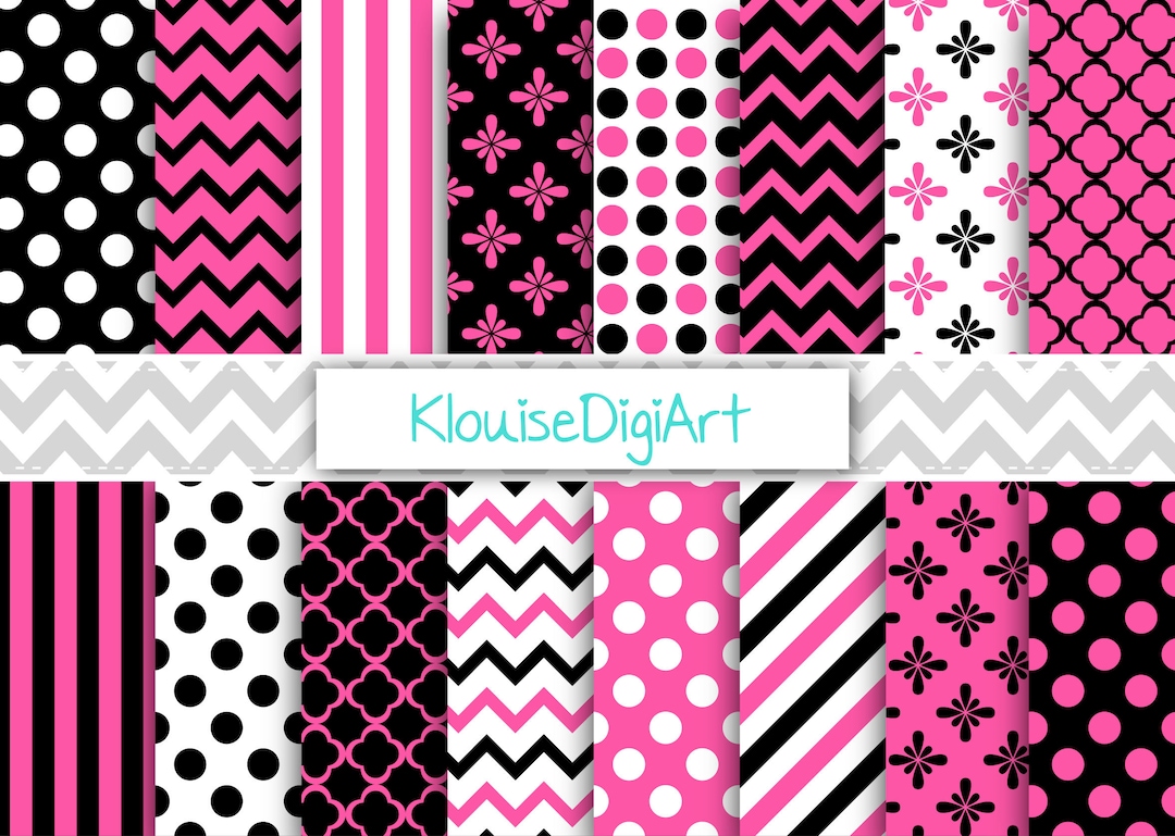 Black and Hot Pink Digital Printable Papers With Chevrons, Stripes ...