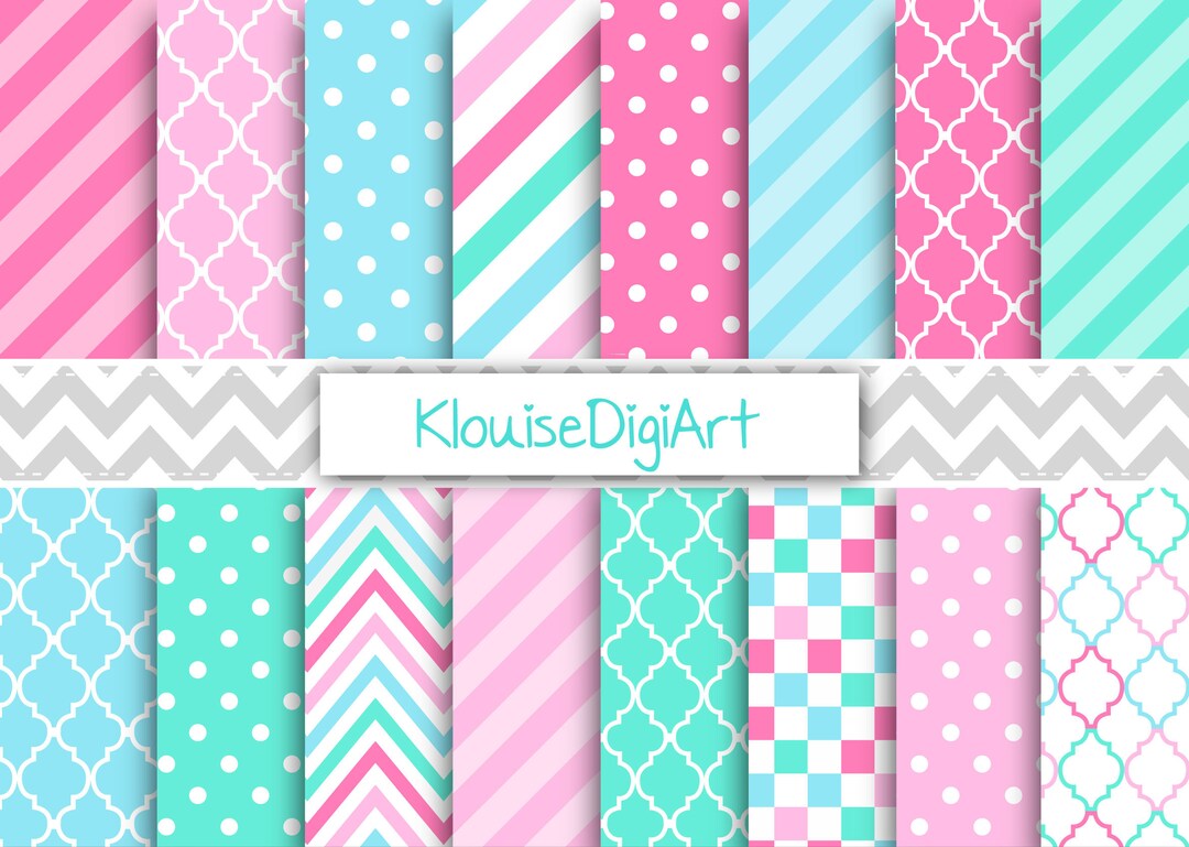 Pink, Blue and Green Printable Digital Papers With Stripes, Quatrefoil ...