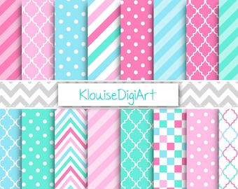 Pink, Purple, Yellow and Blue Digital Papers With Polka Dots, Stripes ...