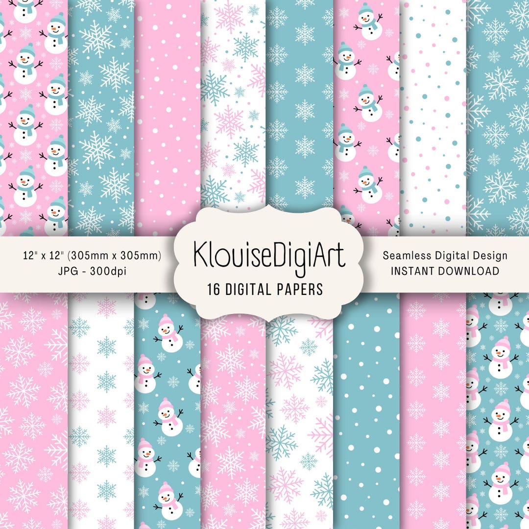 Seamless Winter Snowflakes and Snowmen Digital Printable Papers in Pink ...