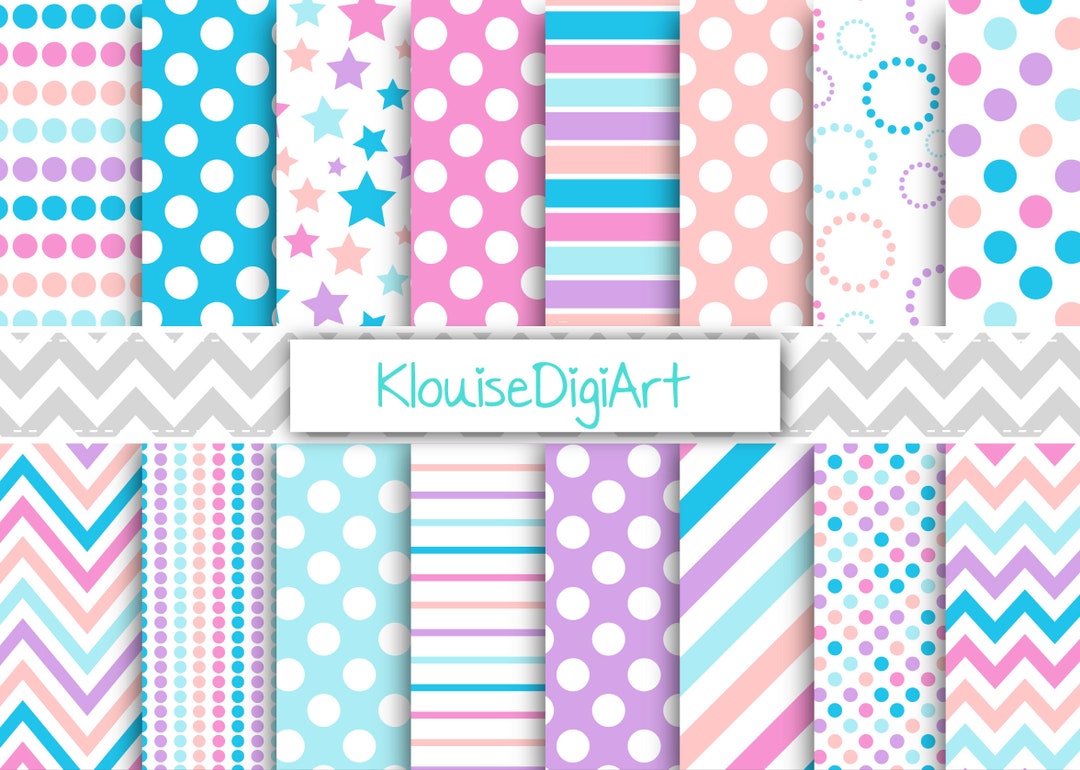 Polka Dot, Chevrons and Stripes Digital Papers in Blue, Pink and Purple ...