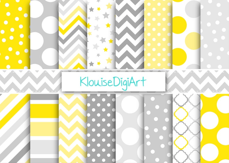 Yellow and Gray Digital Printable Papers With Polka Dots, Chevrons ...