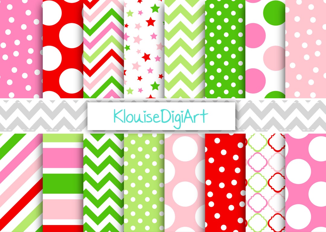 Strawberry Pink, Green and Red Digital Papers With Polka Dots, Chevrons ...