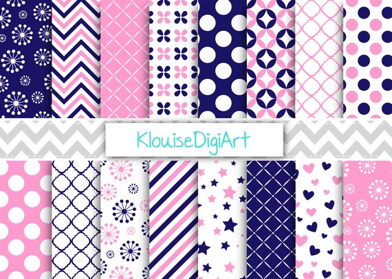 Navy Blue and Pink Digital Printable Papers With Polka Dots | Etsy UK