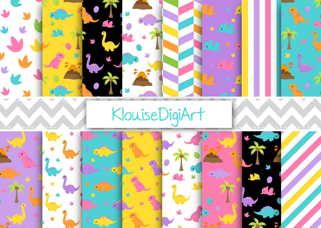 Cute Dinosaur Printable Digital Papers, Pink, Purple, Yellow, Orange ...