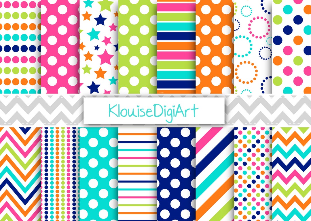 Polka Dot, Chevrons and Stripes Digital Papers in Pink, Orange, Navy ...