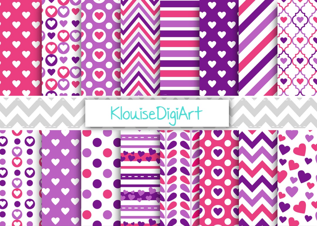 Pink and Purple Valentine's Day Digital Printable Papers With Hearts ...