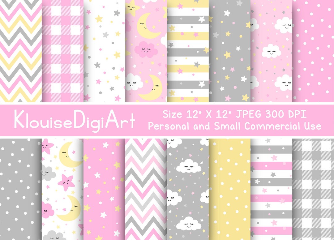 Moon, Stars and Clouds Digital Printable Papers in Bright Pink, Yellow ...