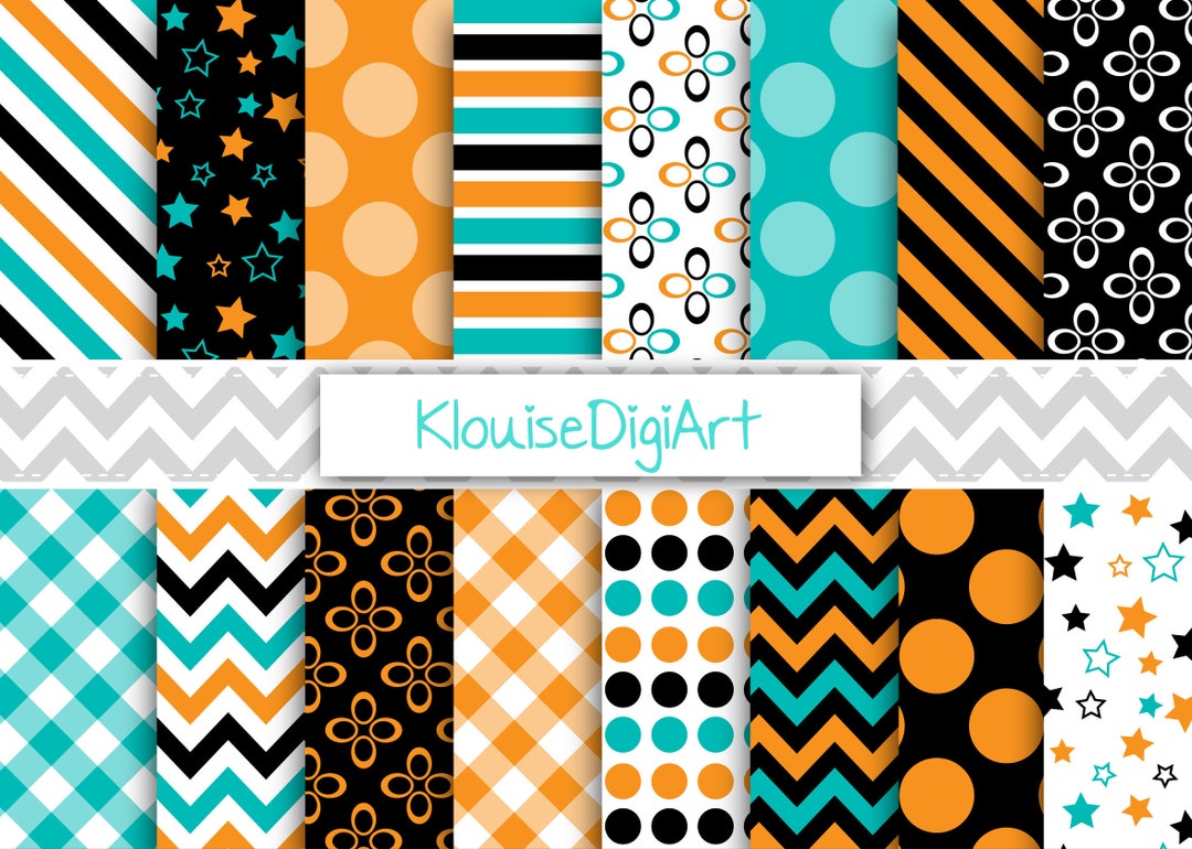 Orange, Turquoise and Black Digital Papers With Polka Dots, Gingham ...