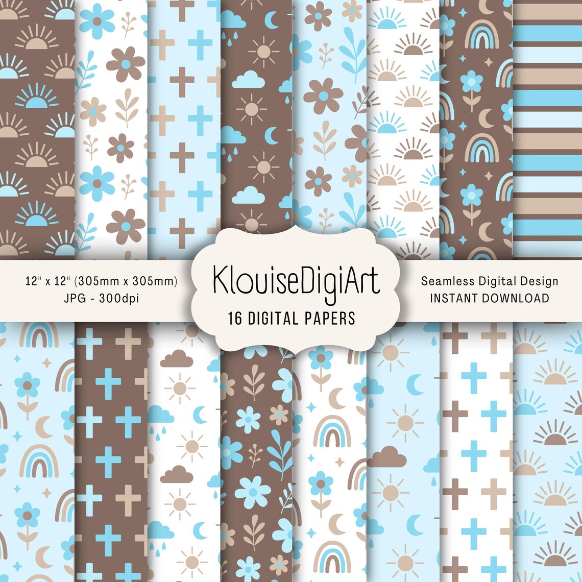 Seamless Boho Blue and Brown Digital Printable Papers With Flowers ...