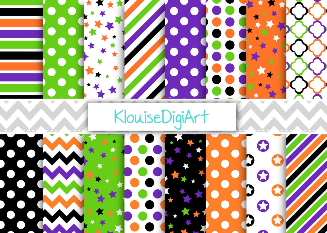 Halloween Green, Purple and Orange Digital Printable Papers With Polka ...