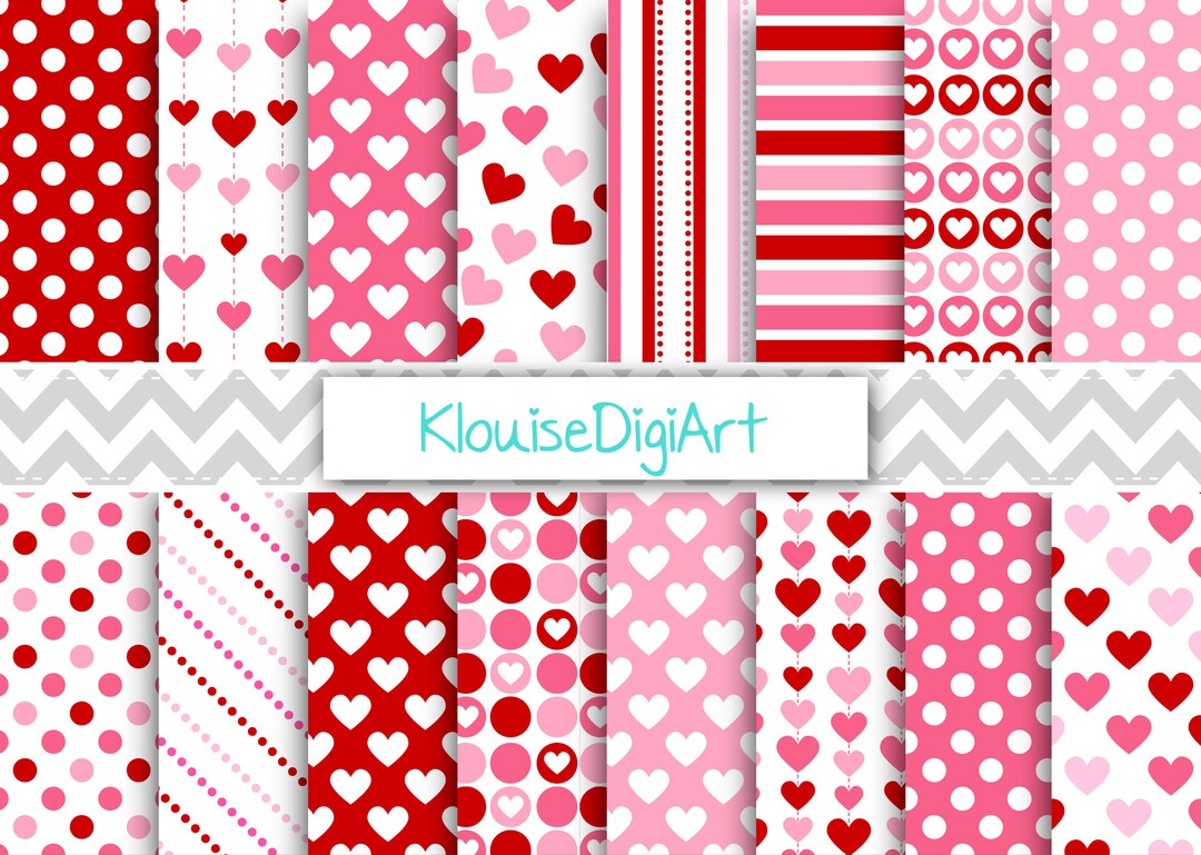 Red Valentine's Day Digital Printable Papers With Hearts, Stripes ...