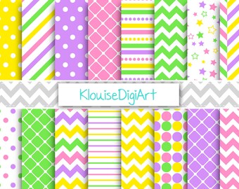 Pink Yellow and Green Printable Digital Papers With Stripes - Etsy