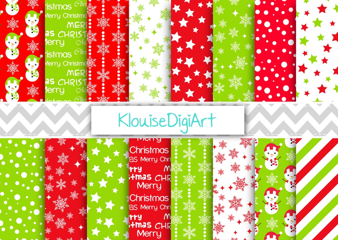 Bright Red and Green Christmas Digital Printable Papers With Snowmen ...