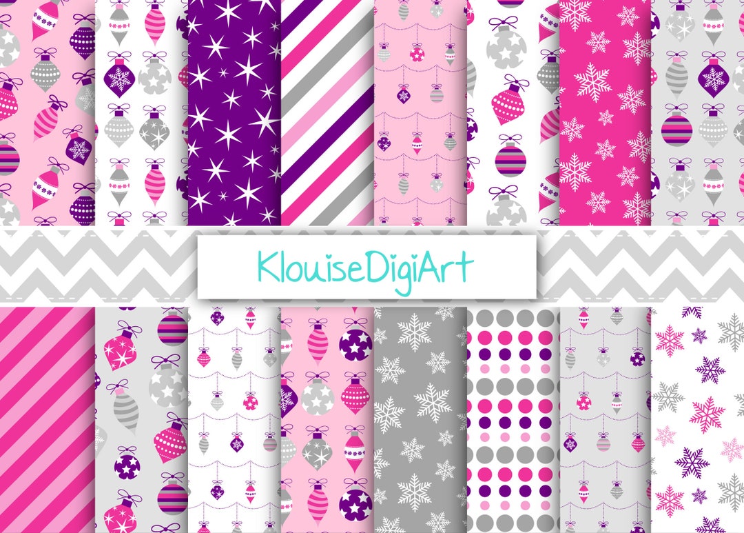 Pink, Purple and Silver Christmas Baubles Digital Printable Papers With ...