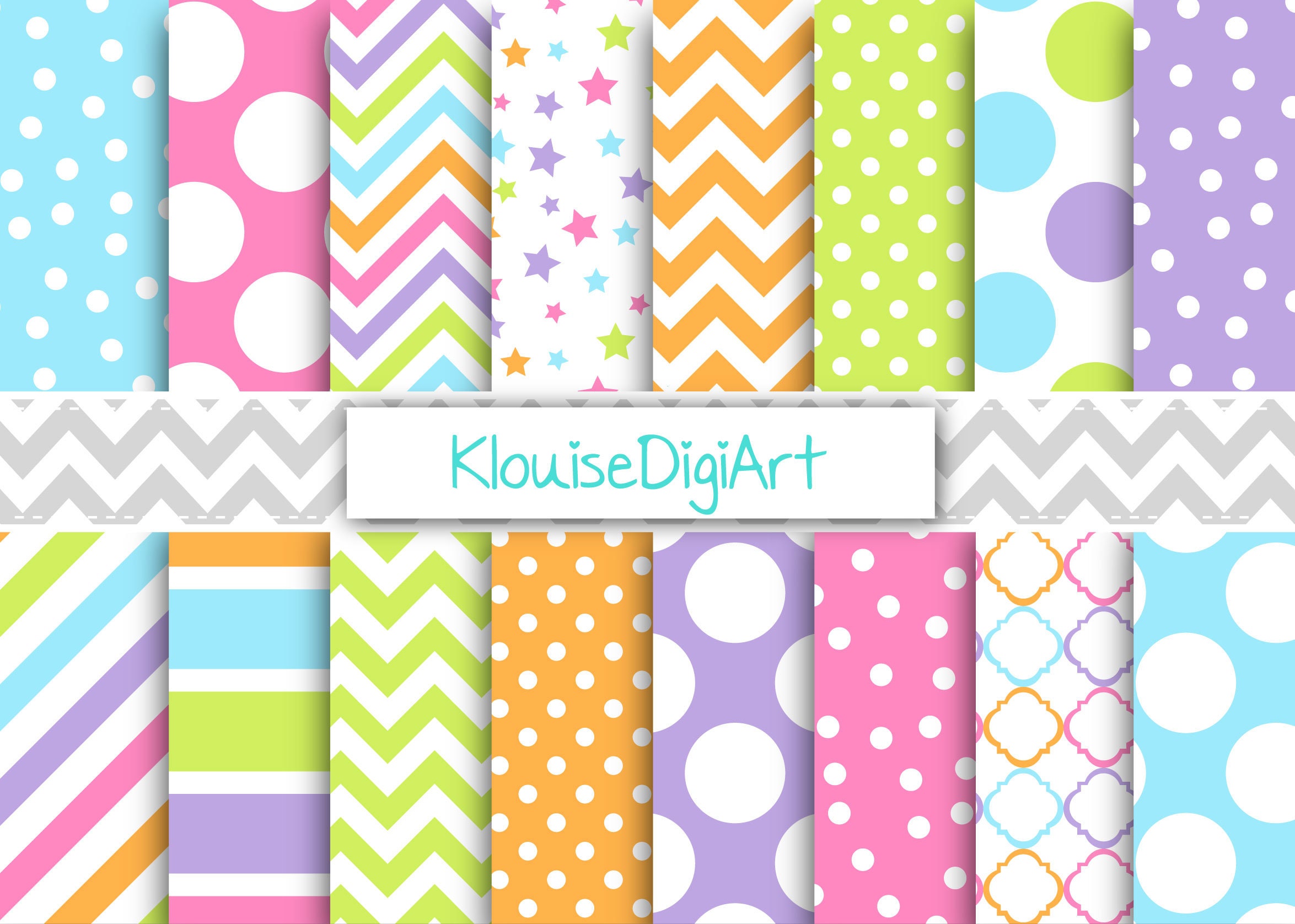 Summer Digital Printable Papers With Polka Dots, Chevrons, Stripes - Etsy