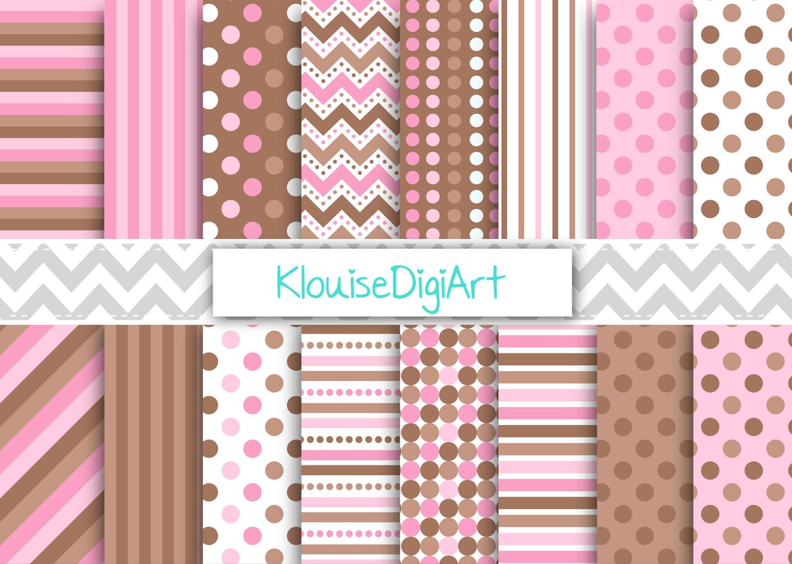 Pink and Dark Brown Digital Scrapbooking Papers With Stripes, Chevrons ...