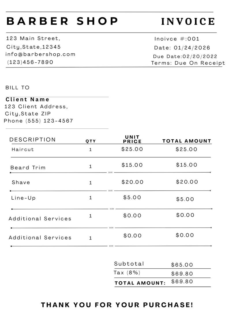 Editable Barber Shop Invoice Template | Haircut Receipt (PDF Download ...