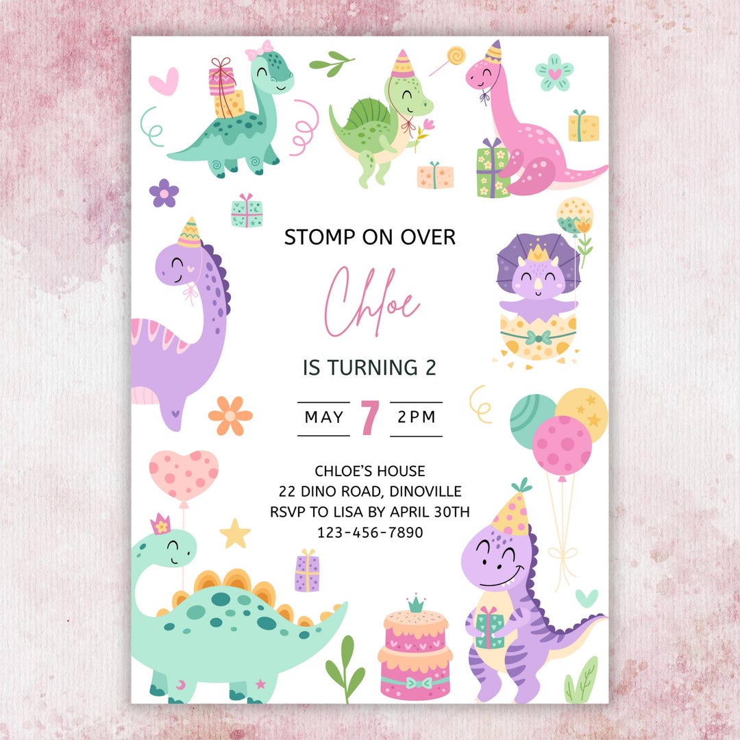 Pink Dinosaur Birthday Invitation Template | Editable Kids Dino Party ...