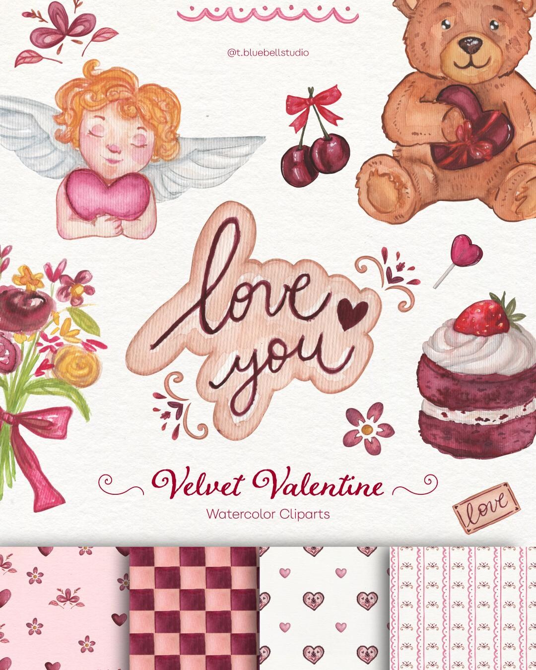 Valentine Watercolor Clipart PNG, Teddy Bear, Cupid, Heart,love You ...