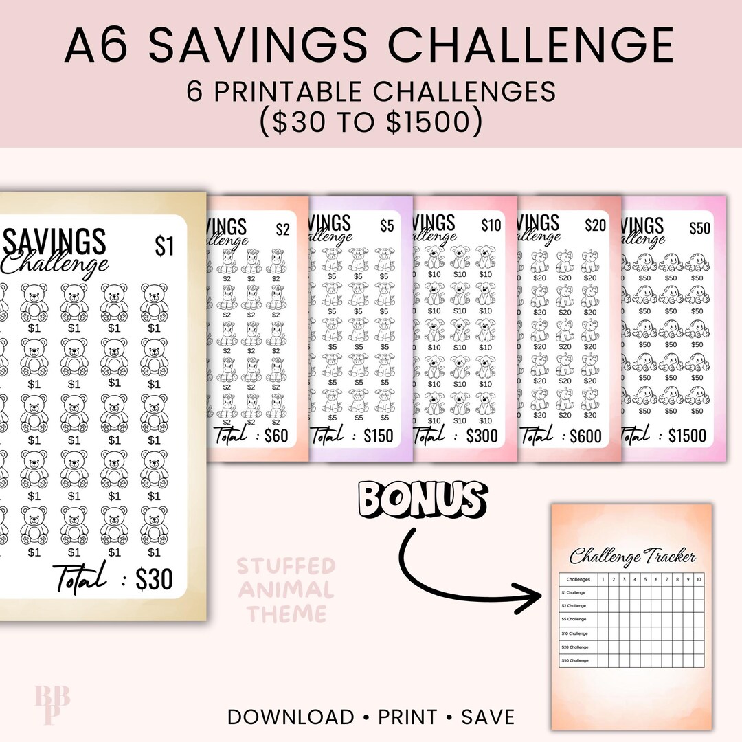 A6 Savings Challenge Printable | Stuffed Animal Theme | Cute Money ...