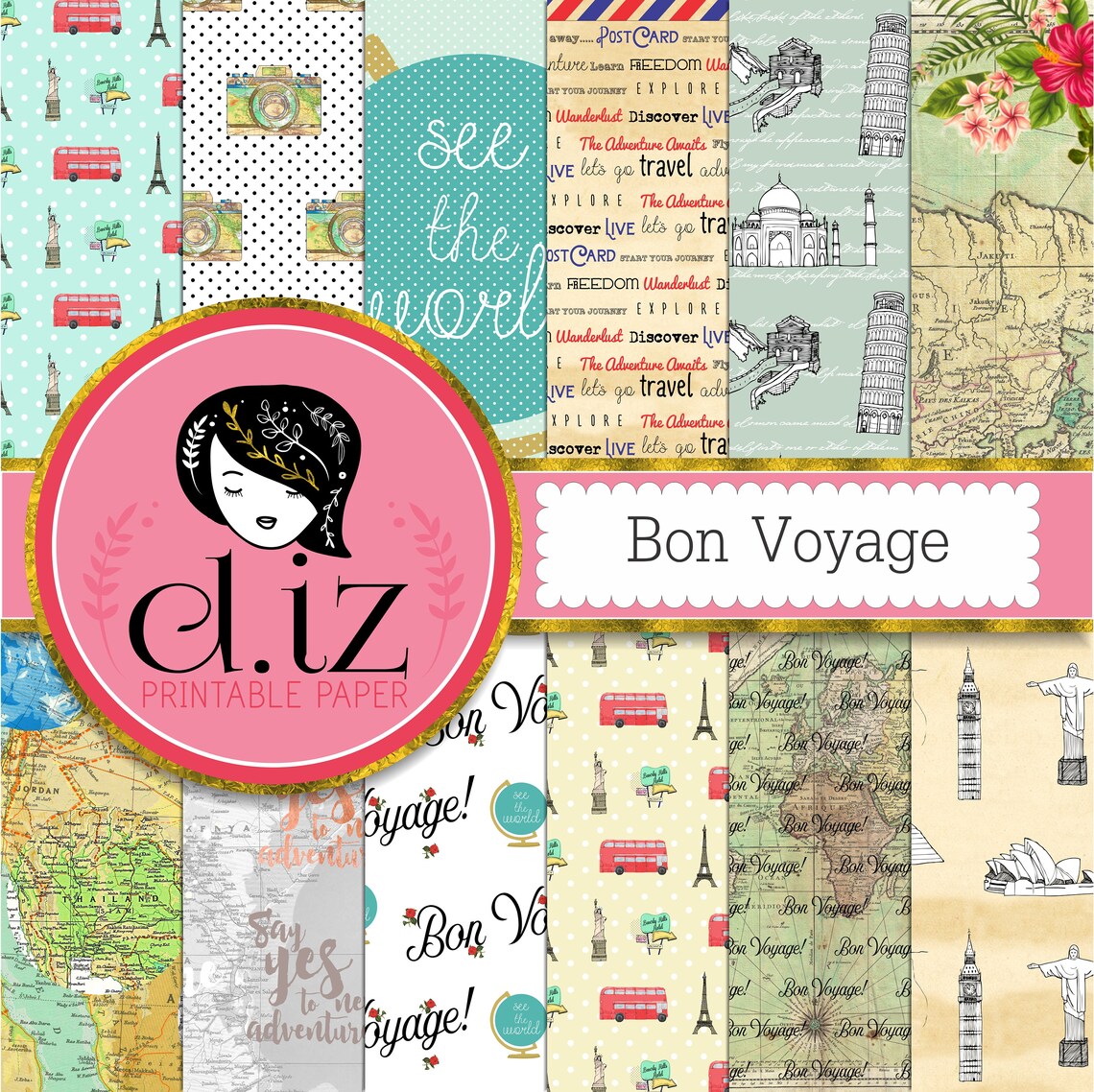 Travel Digital Paper Journal Writing Ephemera Bon Voyage Vintage Maps ...