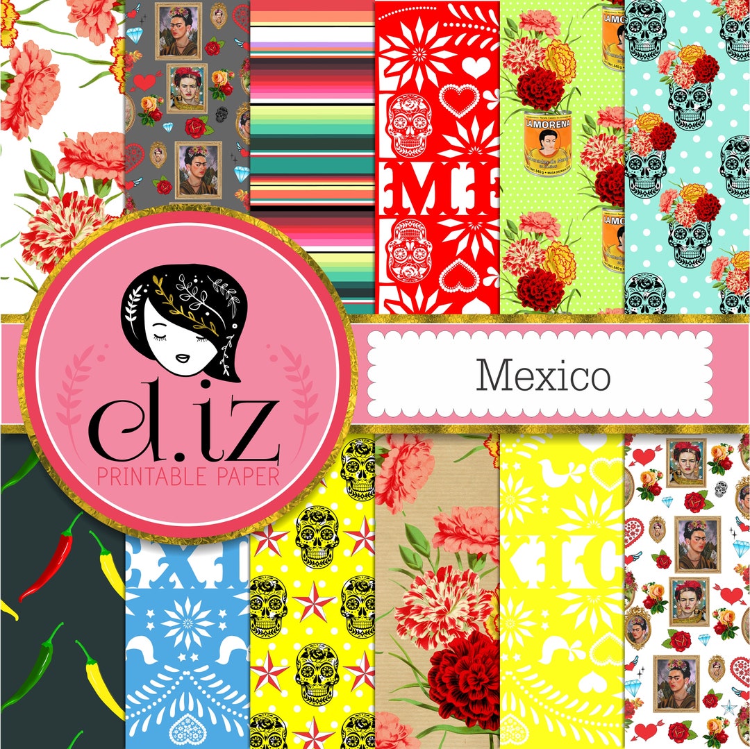 Mexican Digital Paper Featuring Fiesta Style Cinco De Mayo, Frida Kahlo ...