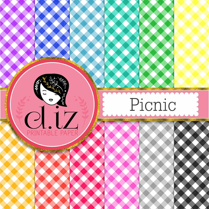 Gingham Digital Paper Red, Yellow and Blue Check Gingham, 'picnic ...