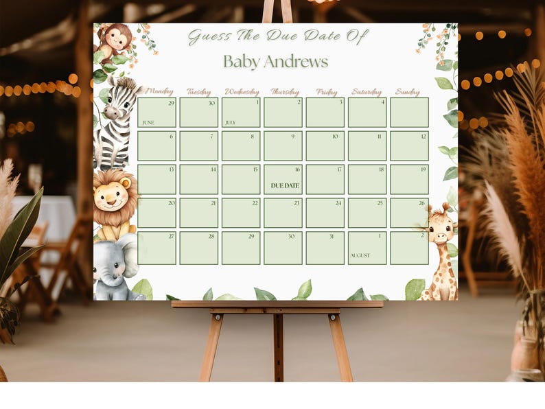 Safari Baby Shower Due Date Calendar Game, Animals Prediction Sign ...
