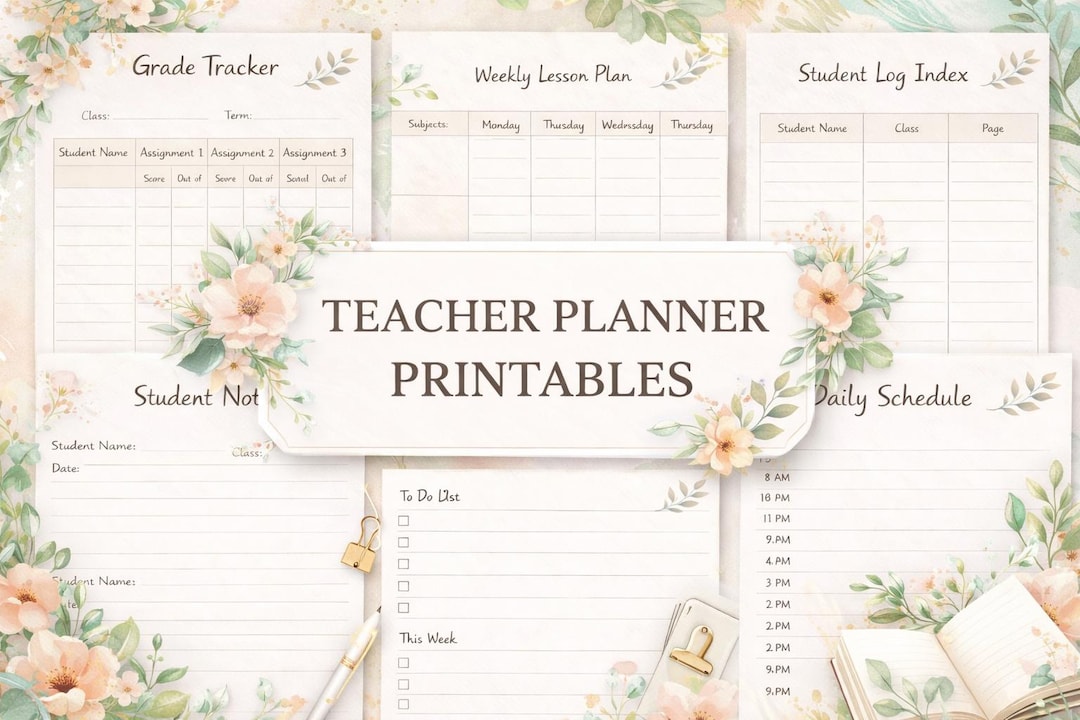 Floral Teacher Planner Printables | Lesson Plans, Grade Tracker (PDF ...
