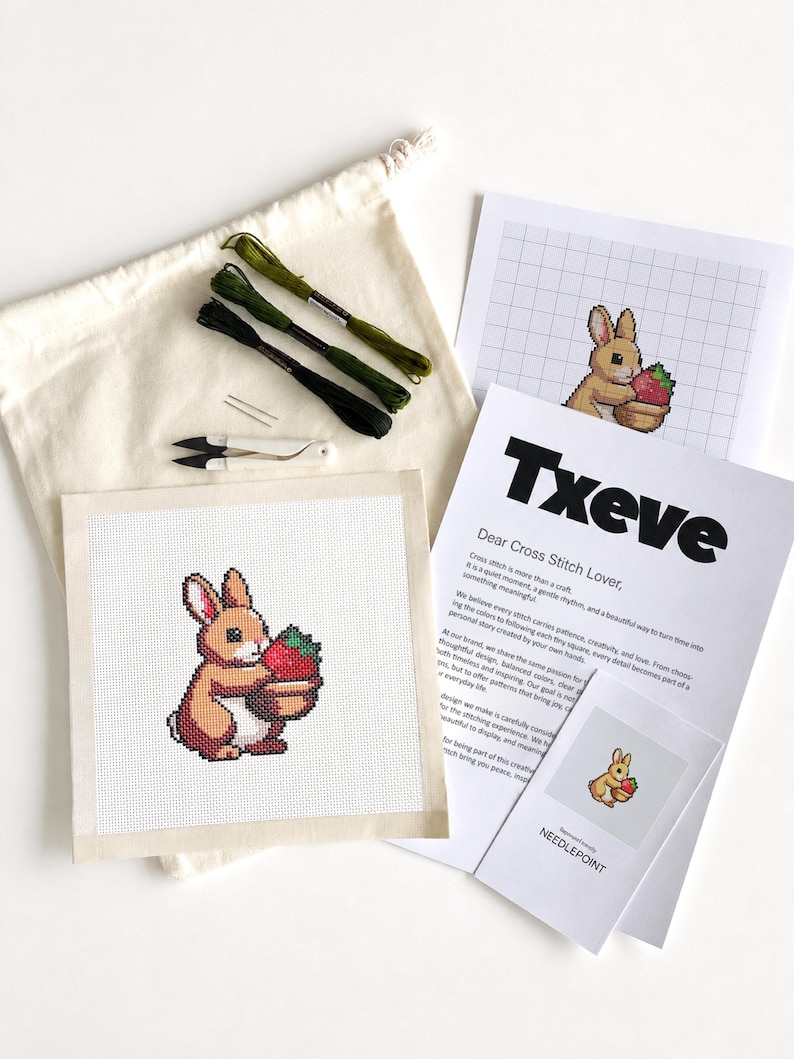 Bunny Strawberry Needlepoint Kit, Cute Rabbit Mini Canvas Beginner ...